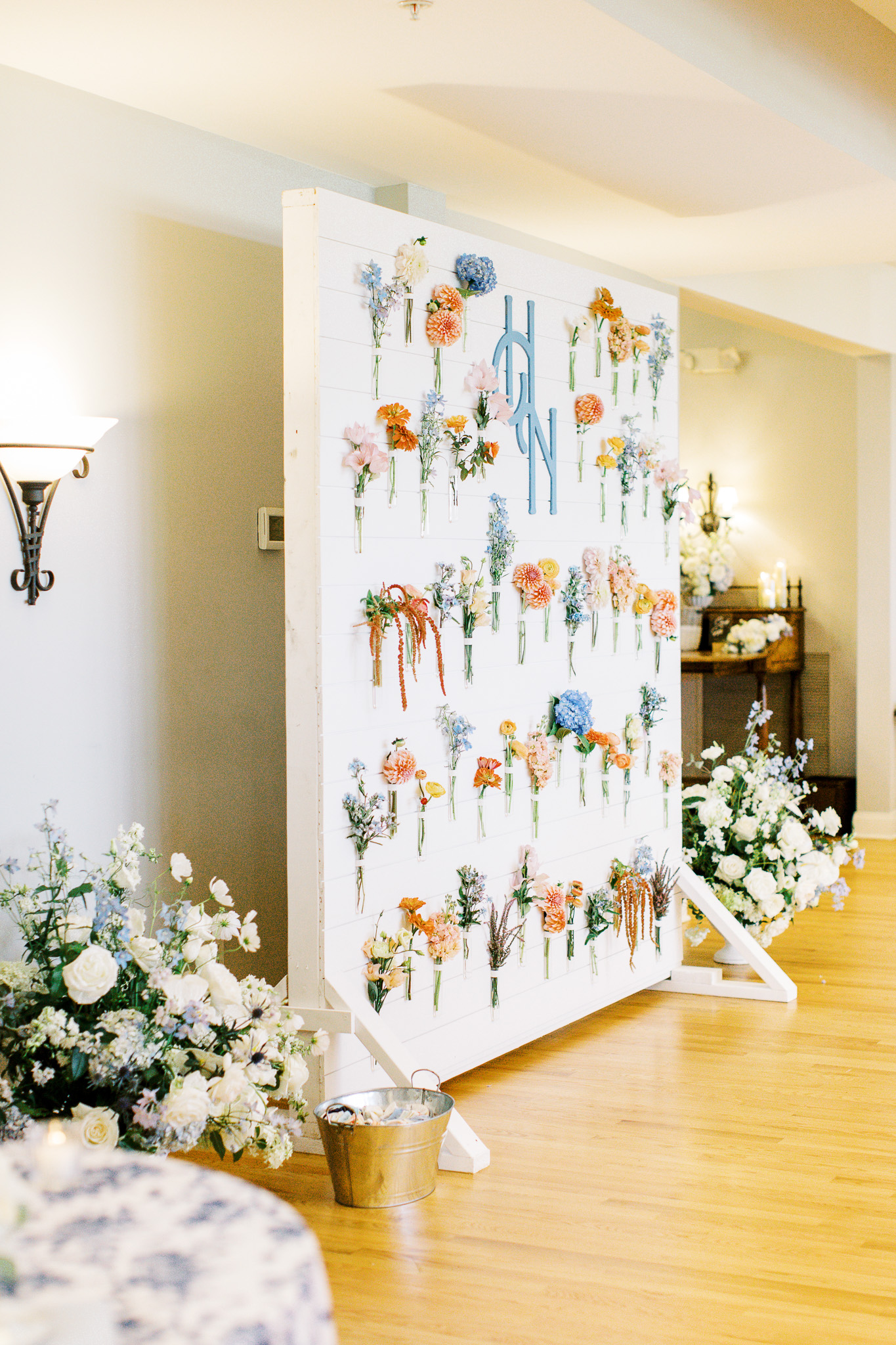 Flower Wall Backdrop for Blue & Peach Summer Wedding - kokofloral.com